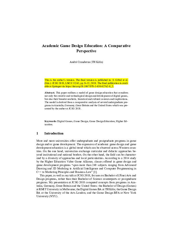(PDF) Academic Game Design Education: A Comparative Perspective