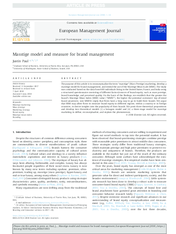 (PDF) Masstige model and measure for brand management