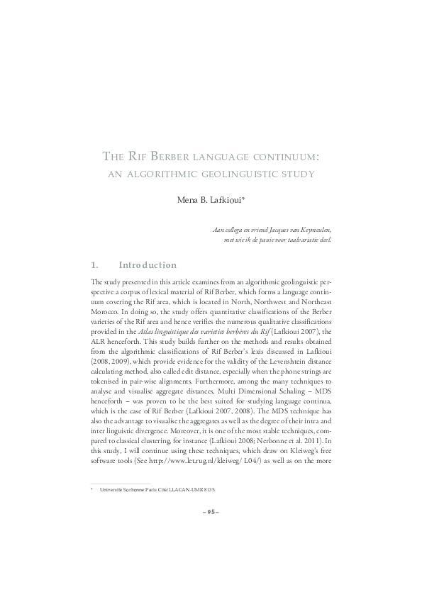 (PDF) THE RIF BERBER LANGUAGE CONTINUUM: AN ALGORITHMIC GEOLINGUISTIC STUDY