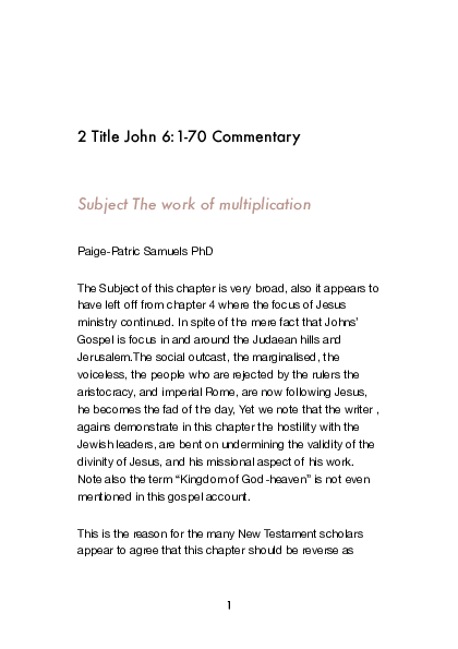 (PDF) 2 Title John 6:1-70 Commentary Subject The work of multiplication