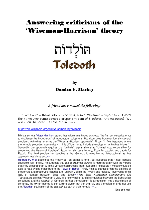 (DOC) Answering criticisms of the 'Wiseman-Harrison' theory
