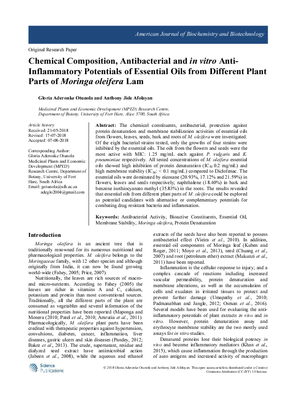 (PDF) Chemical Composition, Antibacterial and in vitro Anti- Inflammatory Potentials of ...