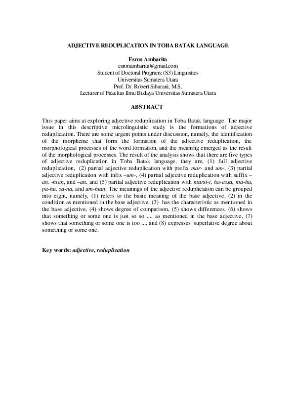 (PDF) ADJECTIVE REDUPLICATION IN TOBA BATAK LANGUAGE