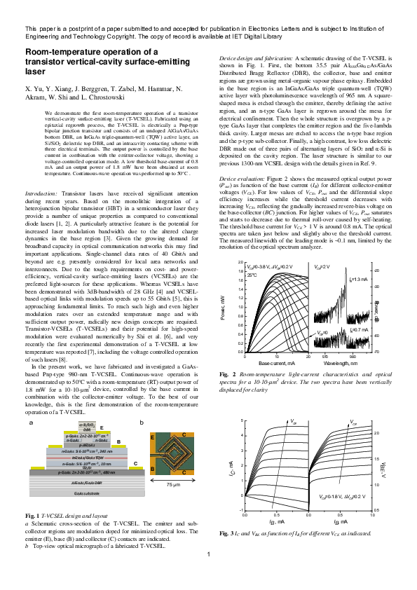 (PDF) Room-temperature operation of a transistor vertical-cavity surface-emitting laser | M ...