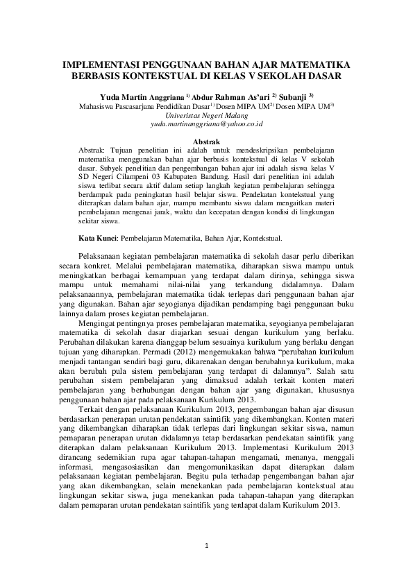 (DOC) IMPLEMENTASI PENGGUNAAN BAHAN AJAR MATEMATIKA BERBASIS KONTEKSTUAL DI KELAS V SEKOLAH DASAR