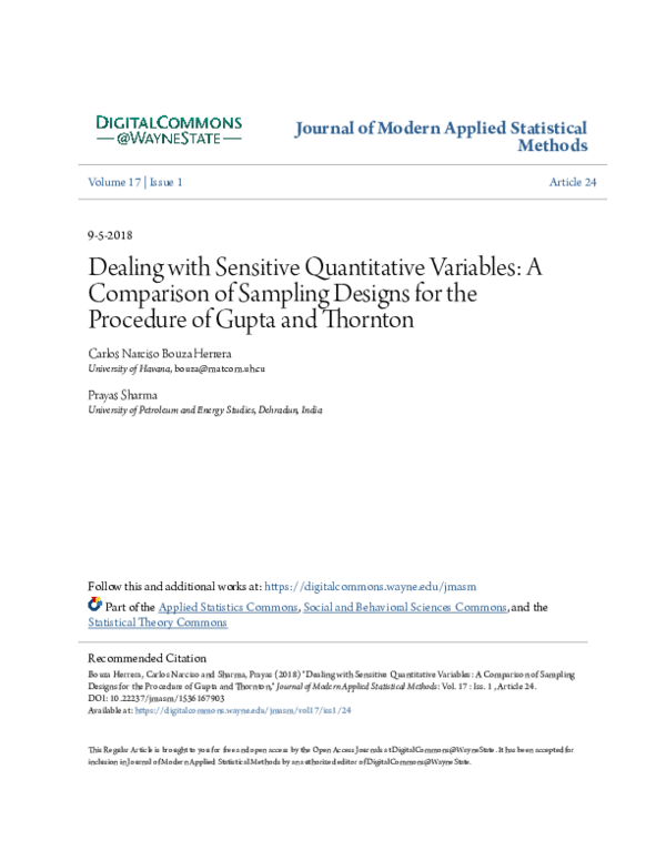 Pdf Dealing With Sensitive Quantitative Variables A Comparison Of Sampling Designs For The