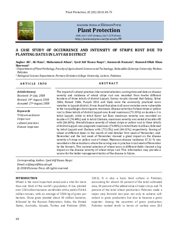 (PDF) A Case Study of Occurrence and Intensity of Stripe Rust due to ...