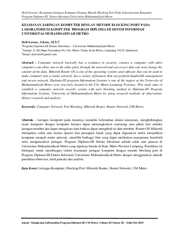 (PDF) KEAMANAN JARINGAN KOMPUTER DENGAN METODE BLOCKING PORT PADA LABORATORIUM KOMPUTER PROGRAM ...