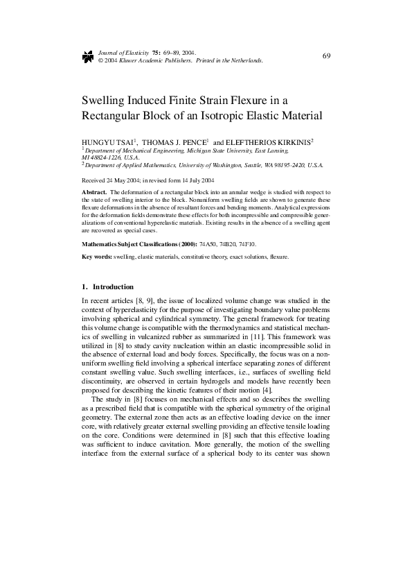 Pdf Swelling Induced Finite Strain Flexure In A Rectangular Block Of An Isotropic Elastic Material