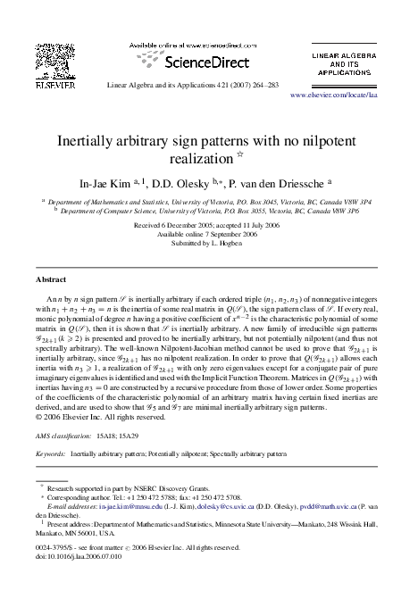 (PDF) Inertially arbitrary sign patterns with no nilpotent realization