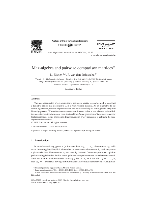 (PDF) Max-algebra and pairwise comparison matrices