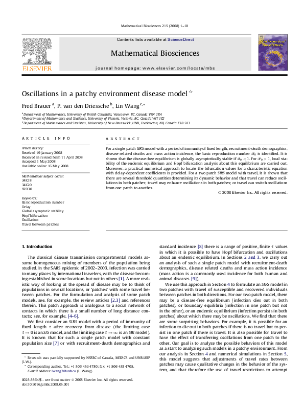 (PDF) Oscillations in a patchy environment disease model