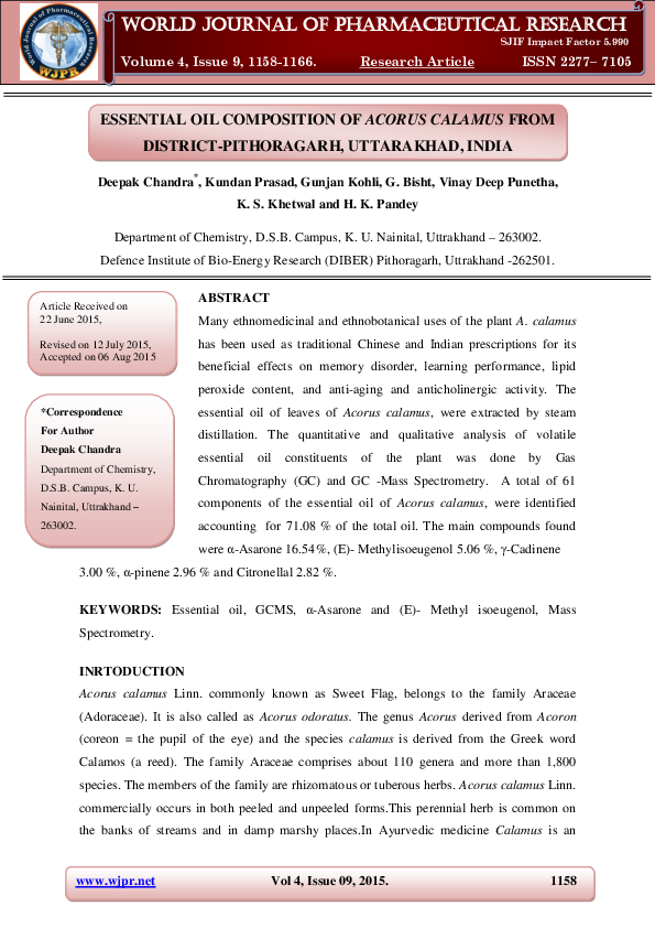 (PDF) ESSENTIAL OIL COMPOSITION OF ACORUS CALAMUS FROM DISTRICT ...
