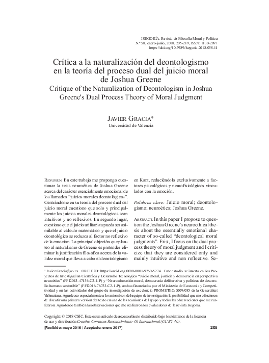 (PDF) Crítica a la naturalización del deontologismo en la teoría del ...