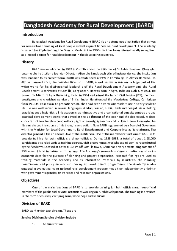 (DOC) Bangladesh Academy for Rural Development (BARD), Dr Akhtar Hameed ...