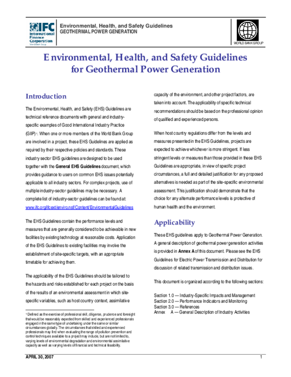 (PDF) Environmental, Health, and Safety Guidelines GEOTHERMAL POWER ...