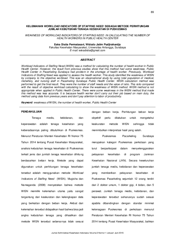 Pdf Kelemahan Workload Indicators Of Staffing Need Sebagai Metode Perhitungan Jumlah Kebutuhan