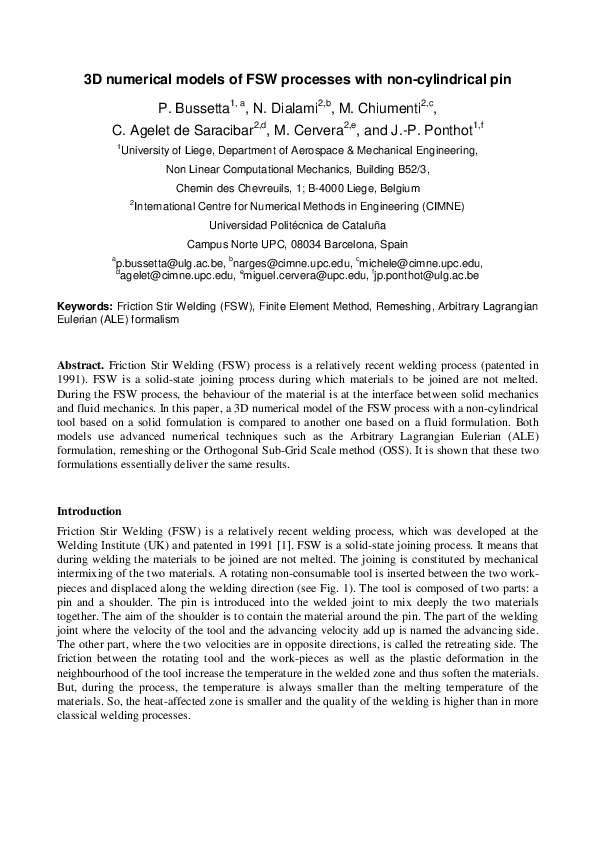 Pdf 3d Numerical Models Using A Fluid Or A Solid Formulation Of Fsw Processes With A Non