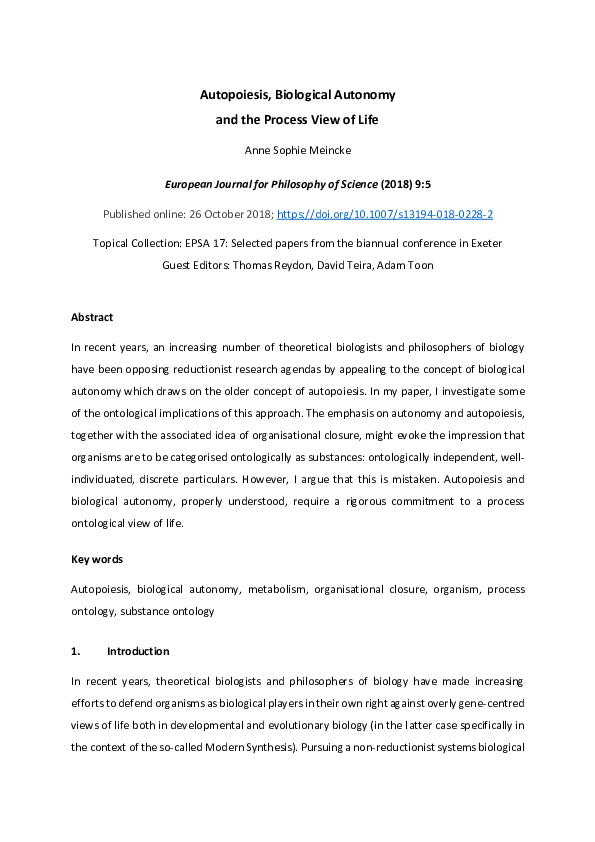 (PDF) Autopoiesis, Biological Autonomy and the Process View of Life