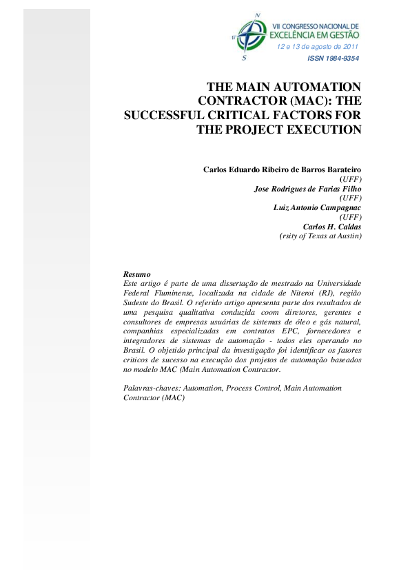 (PDF) THE MAIN AUTOMATION CONTRACTOR (MAC): THE SUCCESSFUL CRITICAL ...