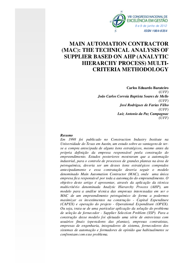 (PDF) MAIN AUTOMATION CONTRACTOR (MAC): THE TECHNICAL ANALYSIS OF ...