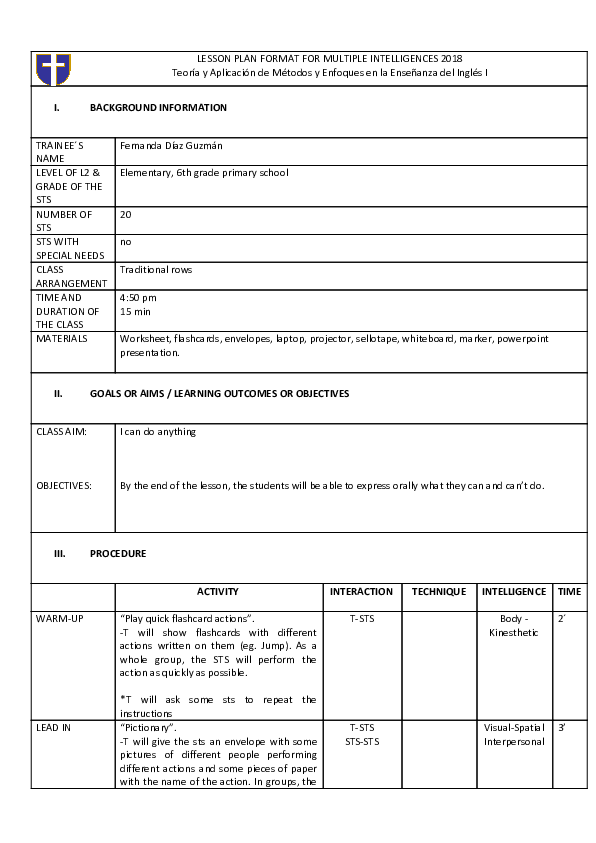 (PDF) Lesson plan multiple intelligences