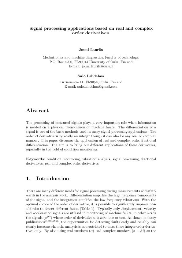 (PDF) Signal processing applications based on real and complex order derivatives