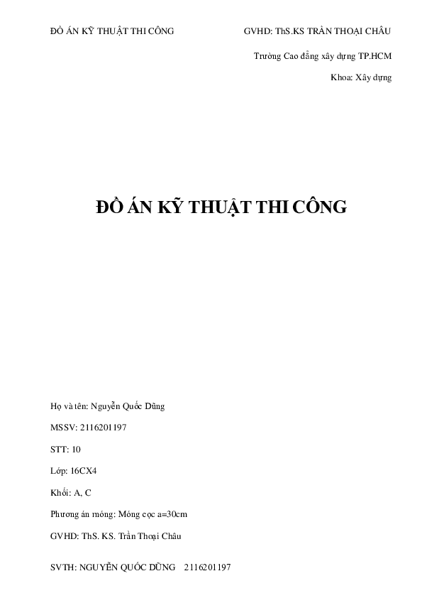(DOC) Tr ng Cao đ ng xây d ng TP.HCM Đ ÁN K THU T THI CÔNG