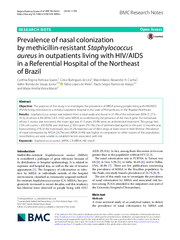 (PDF) Prevalence of nasal colonization by methicillin-resistant Staphylococcus aureus in ...