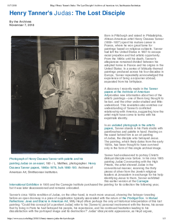 (PDF) "Henry Tanner's Judas: The Lost Disciple," The Primary Source ...