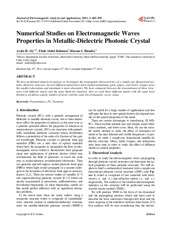 (PDF) Numerical Studies on Electromagnetic Waves Properties in Metallic ...