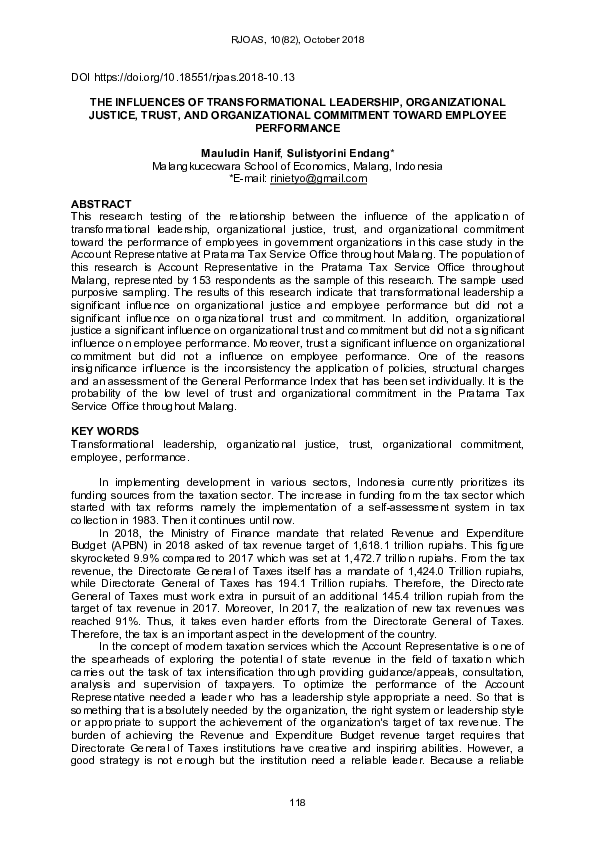 (PDF) THE INFLUENCES OF TRANSFORMATIONAL LEADERSHIP, ORGANIZATIONAL JUSTICE, TRUST, AND ...