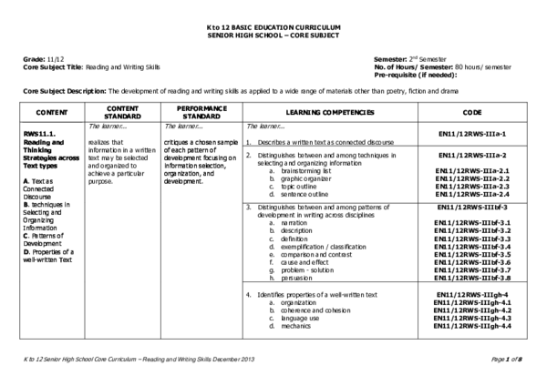 (PDF) K to 12 BASIC EDUCATION CURRICULUM SENIOR HIGH SCHOOL – CORE ...