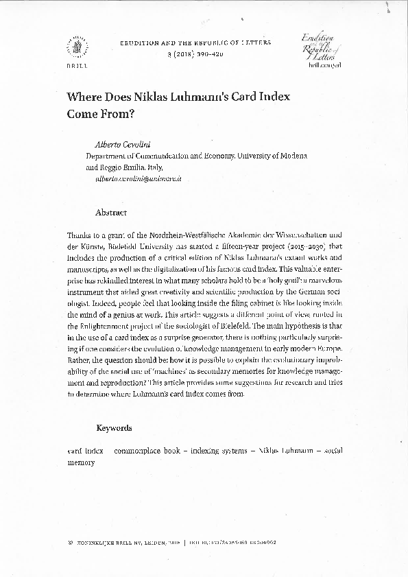 (PDF) Where Does Niklas Luhmann's Card Index Come From?