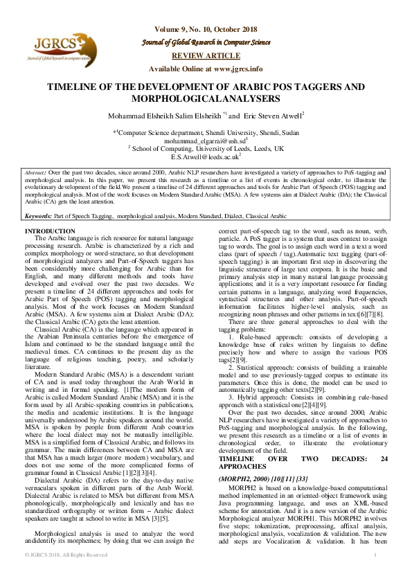 Pdf Timeline Of The Development Of Arabic Pos Taggers And Morphologicalanalysers