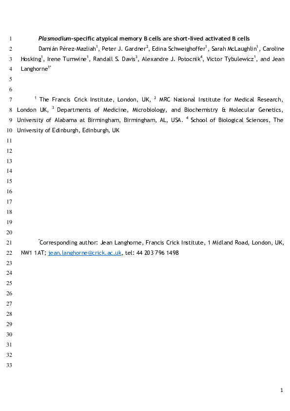 (PDF) Plasmodium-specific atypical memory B cells are short-lived ...