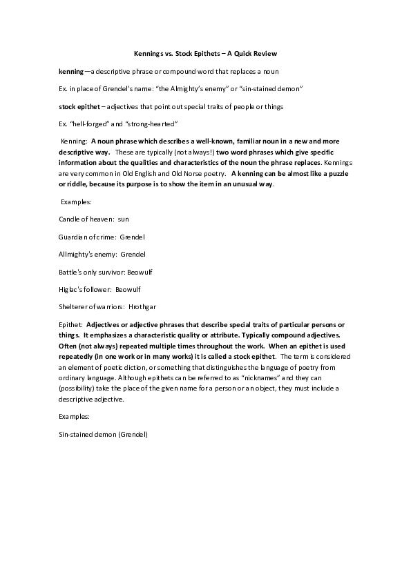 (DOC) Kennings vs. Stock Epithets – A Quick Review