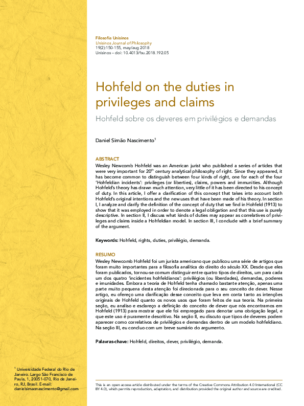 (PDF) Hohfeld on the duties in privileges and claims