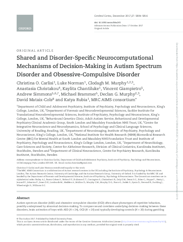 (PDF) Shared and Disorder-Specific Neurocomputational Mechanisms of Decision-Making in Autism ...