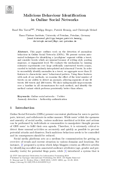 (PDF) Malicious Behaviour Identification in Online Social Networks
