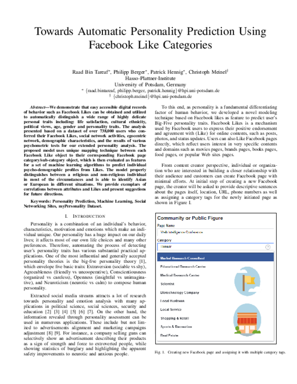 Pdf Towards Automatic Personality Prediction Using Facebook Like