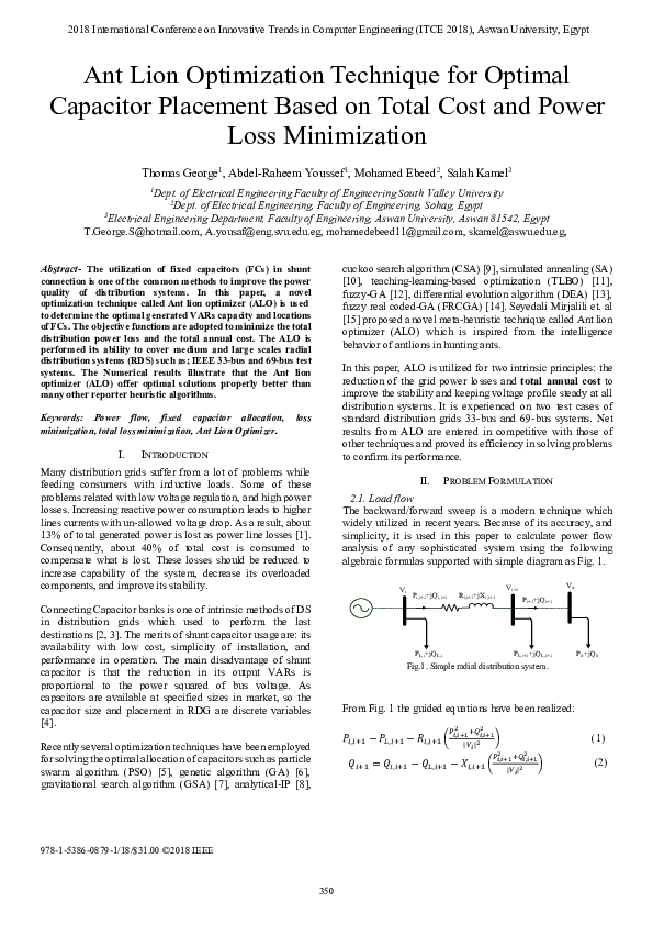 (PDF) Ant Lion Optimization Technique for Optimal Capacitor Placement Based on Total Cost and ...