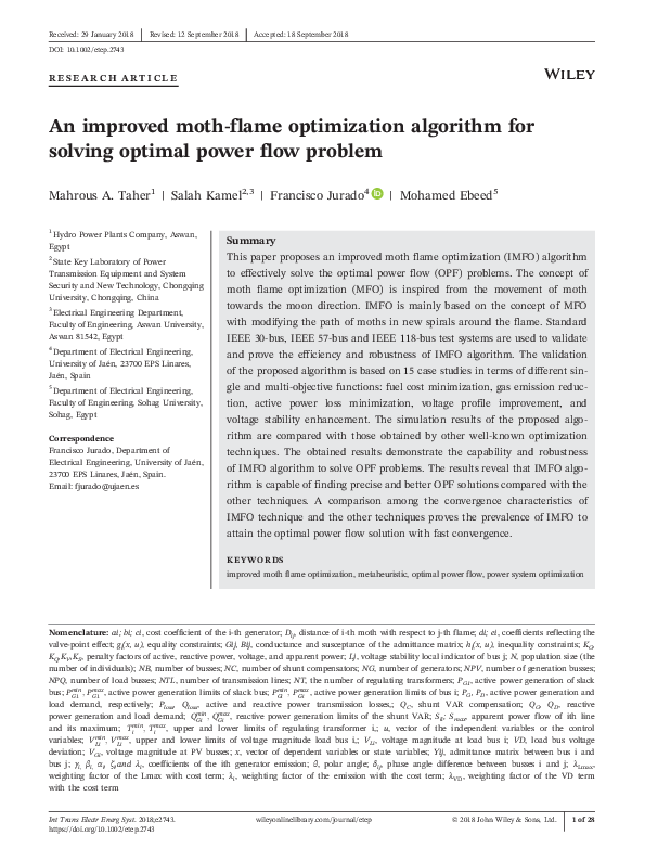 Pdf An Improved Moth‐flame Optimization Algorithm For Solving Optimal Power Flow Problem