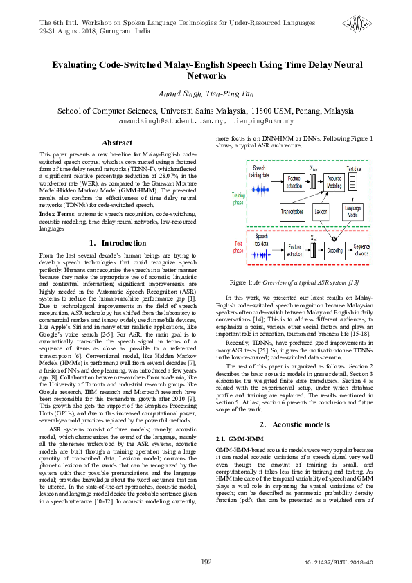 (PDF) Evaluating Code Switched Malay English Speech Using Time Delay Neural Networks