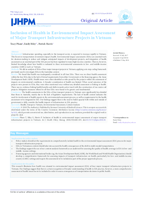 (PDF) Inclusion of Health in Environmental Impact Assessment of Major ...