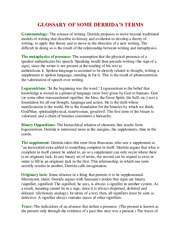 (DOC) GLOSSARY OF SOME DERRIDA'S TERMS