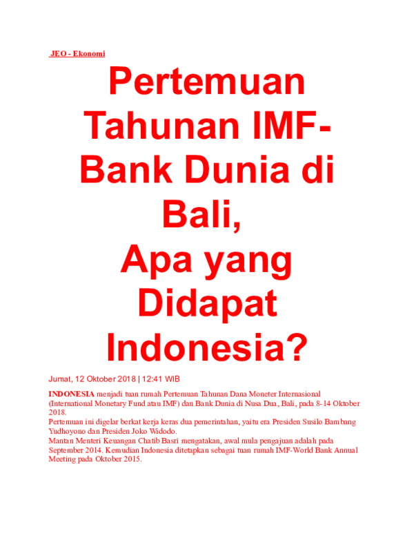(DOC) Pertemuan Tahunan IMF- Bank Dunia di Bali, Apa yang Didapat Indonesia