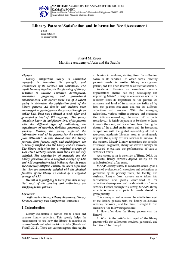 (DOC) Library Patrons' Satisfaction and Information Need Assessment