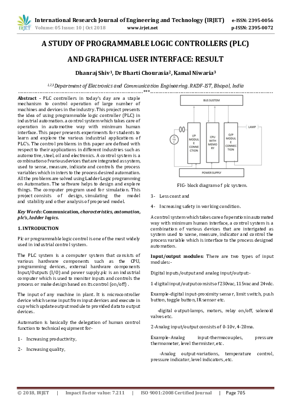 (PDF) IRJET- A STUDY OF PROGRAMMABLE LOGIC CONTROLLERS (PLC) AND GRAPHICAL USER INTERFACE: RESULT