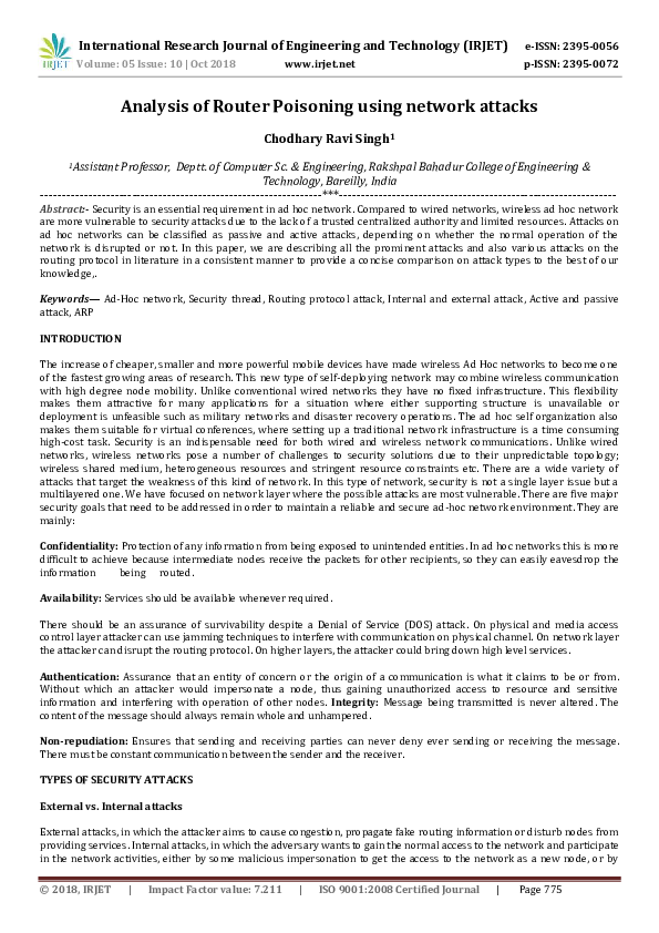 (PDF) IRJET- Analysis of Router Poisoning using network attacks